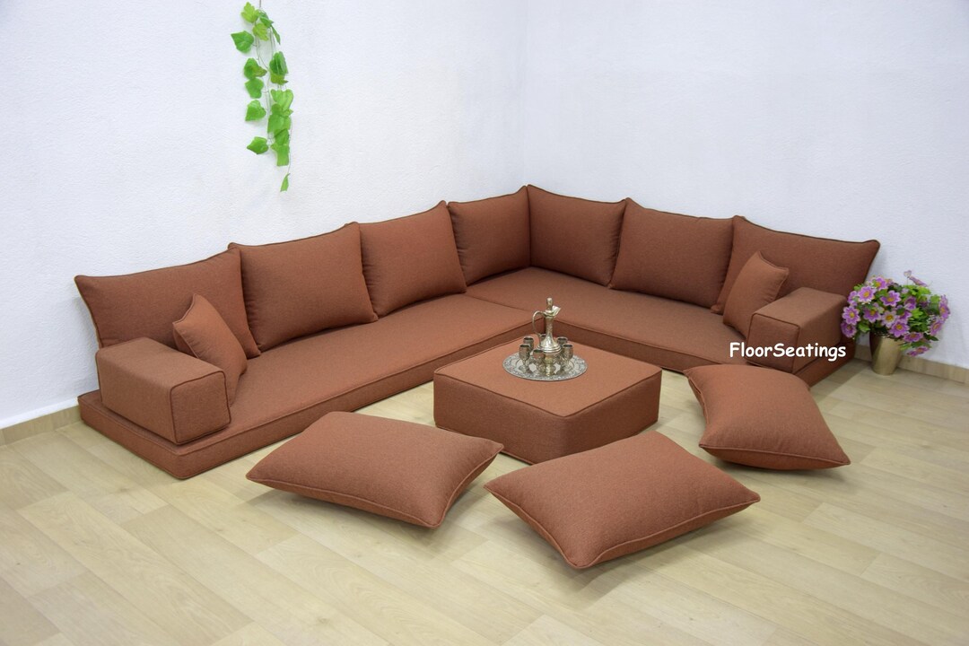 L-shaped Linen Floor Seating Sofa: Moroccan Ottoman Cushions - Etsy