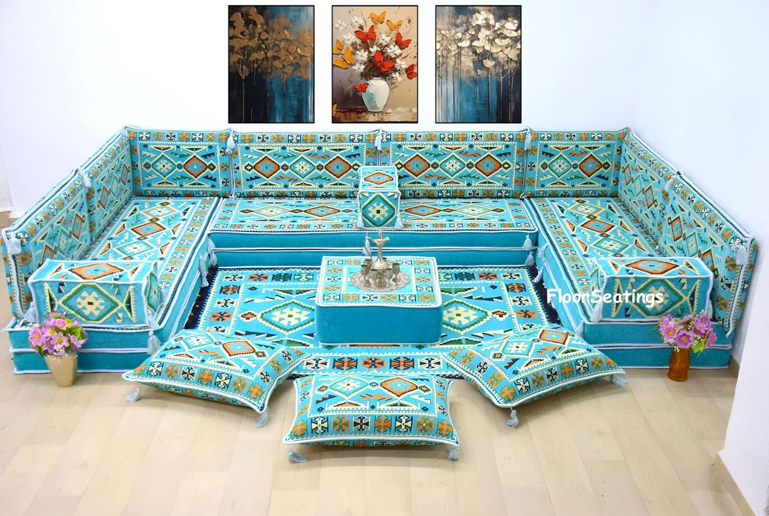 8'' THICK Blue Green U Shaped Arabic Oriental Floor Sofa,living Room ...