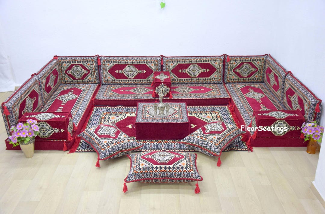 Maroon U Shaped Moroccan Sofa Set, Arabic Majlis Set, Turkish Floor ...