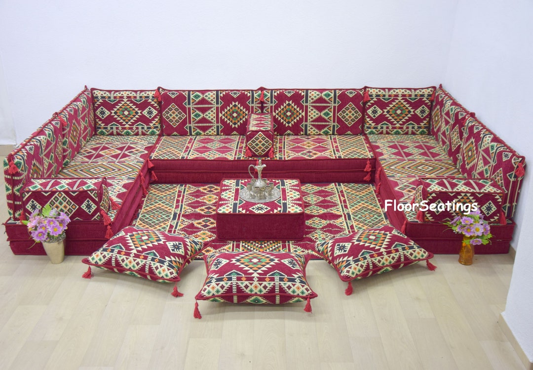 8'' THICK Maroon U Shape Moroccan Sofa Set,arabic Majlis,turkish Floor ...