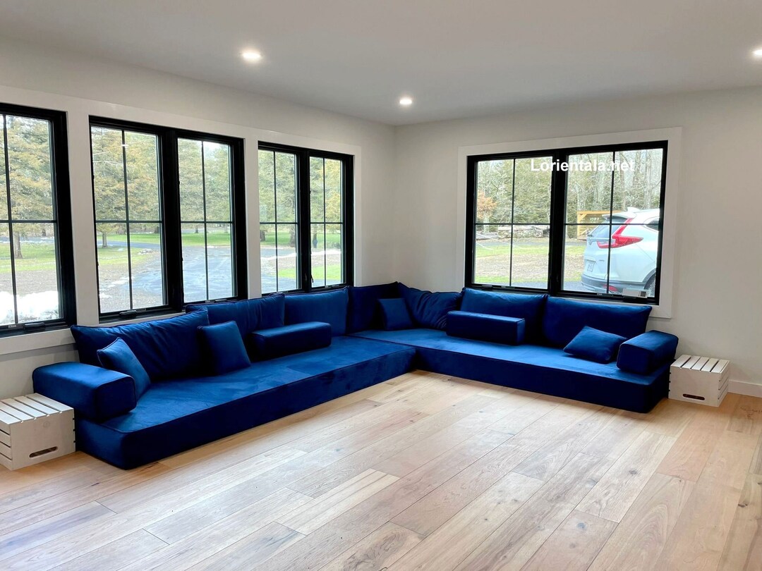 L SHAPED Sofa 8'' THICK VELVET Dark Blue Floor Seating Ottoman Cushion ...