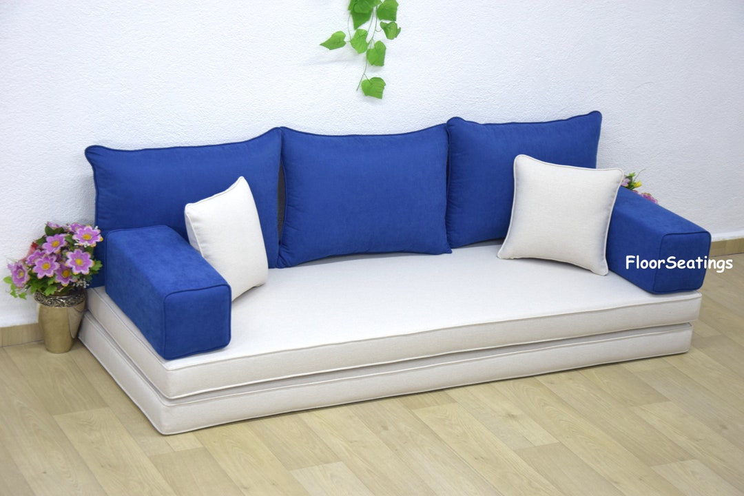 Off White Blue Sofa,linen Fabric Floor Seating,yoga Meditation Sofa Bed ...