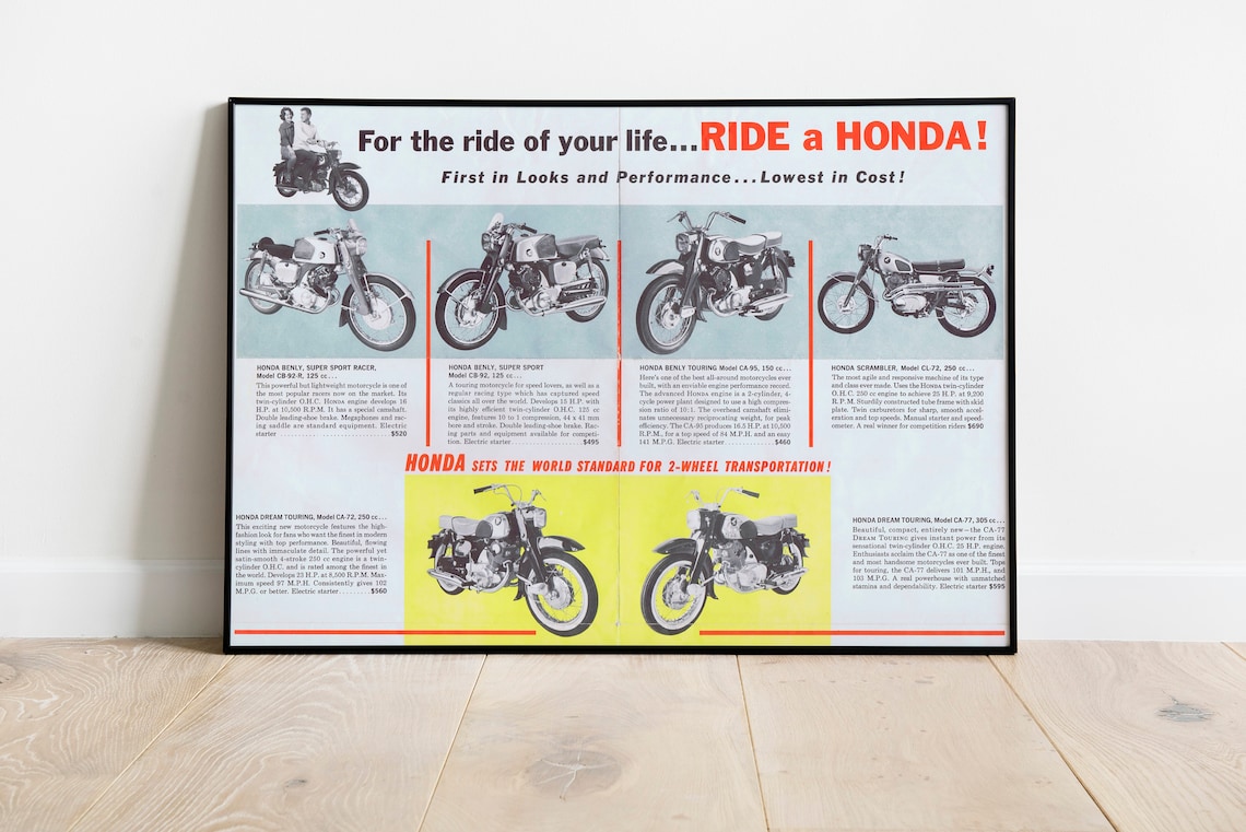 Honda Vintage Poster, Honda Motorcycle Print / Motorbike Poster ...