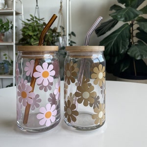 Daisy Glass Cup, Retro Daisy Glass, Coffee Glass With Lid and Straw ...