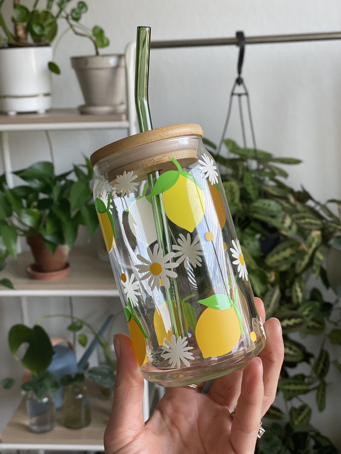 Lemon Can Glass Iced Coffee Glass Cup Lemon and Daisy Glass - Etsy