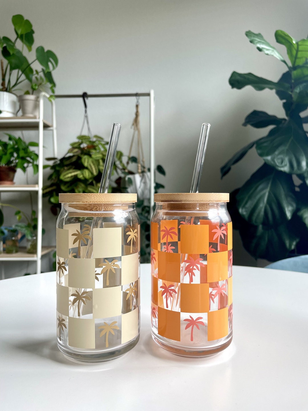 Palm Tree Checker Glass Cup Summer Coffee Glass Palm Tree - Etsy