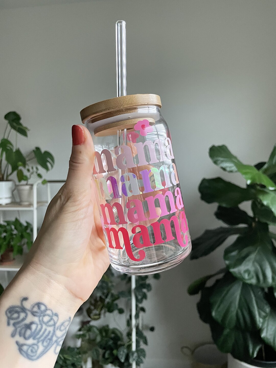 16oz Mama Cup With Lid and Straw, Pastel Glass Cup, Coffee Cup for Mom ...