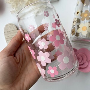 Spring Floral Glass Cup, Pink Retro Flower Iced Coffee Cup, Daisy Cup ...