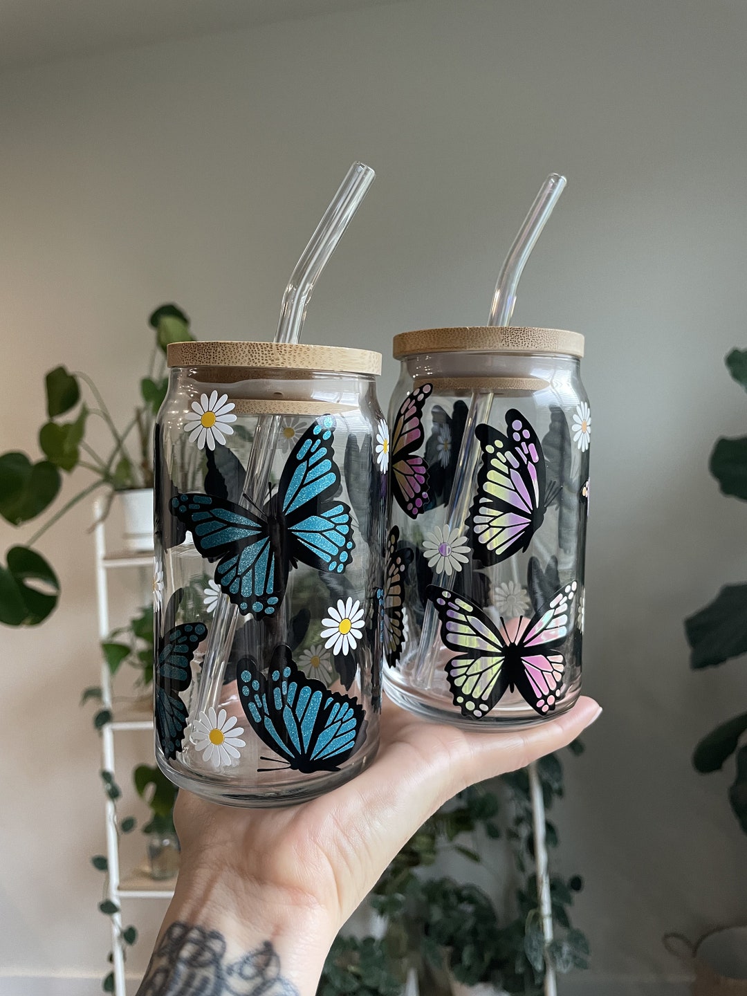 Butterfly Can Glass, Custom Color Butterfly Cup, Iced Coffee Glass ...