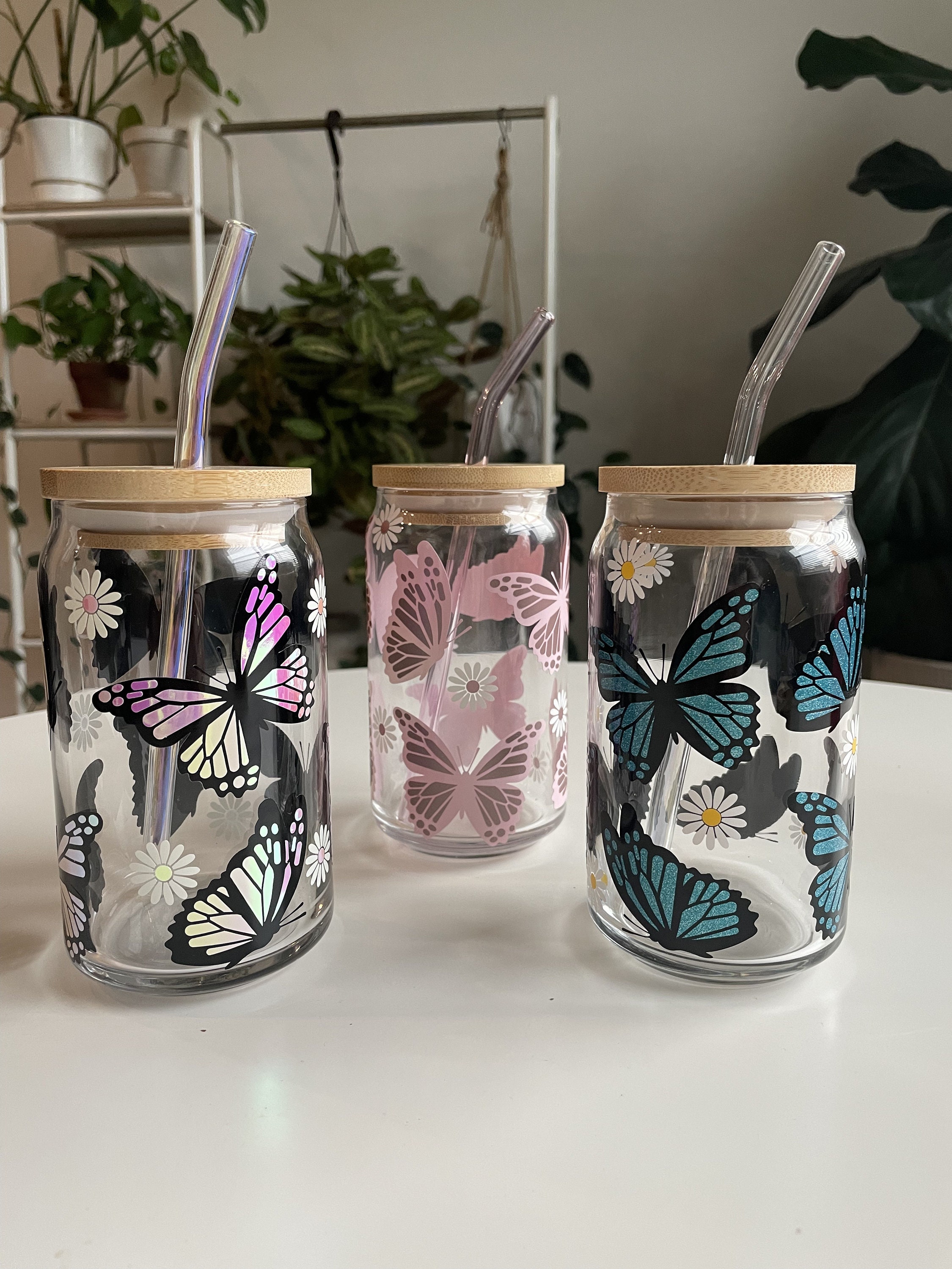 Butterfly Can Glass, Custom Color Butterfly Cup, Iced Coffee Glass ...