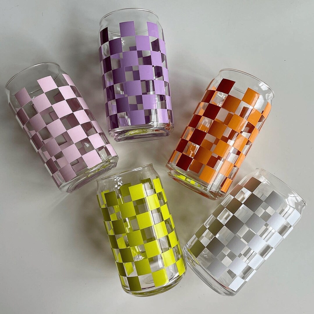 Checker Coffee Glass Cup, Custom Color Check Mate Cup, Retro Can Glass ...