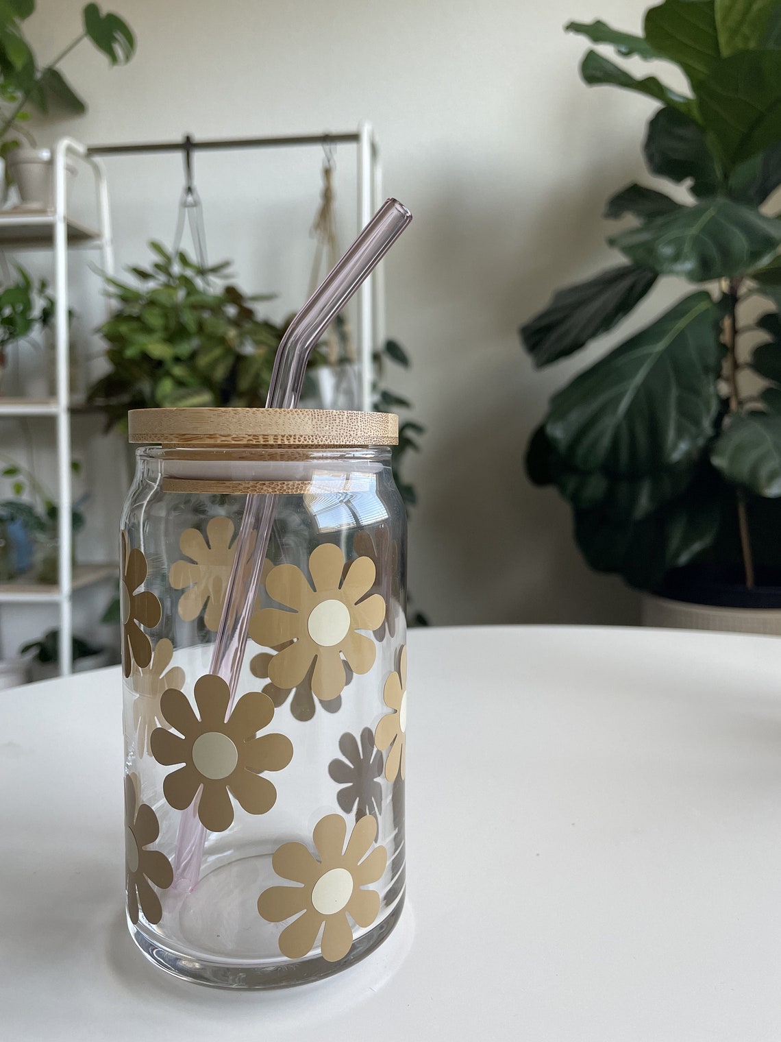 Daisy Glass Cup Retro Daisy Glass Coffee Glass With Lid and - Etsy