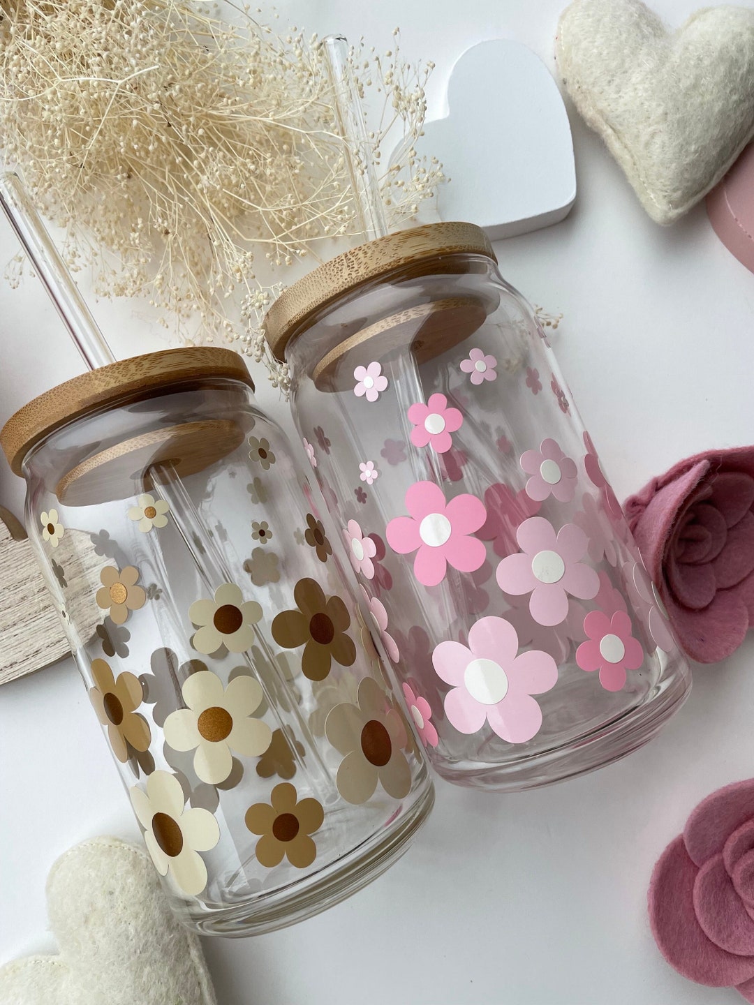 Spring Floral Glass Cup, Pink Retro Flower Iced Coffee Cup, Daisy Cup ...