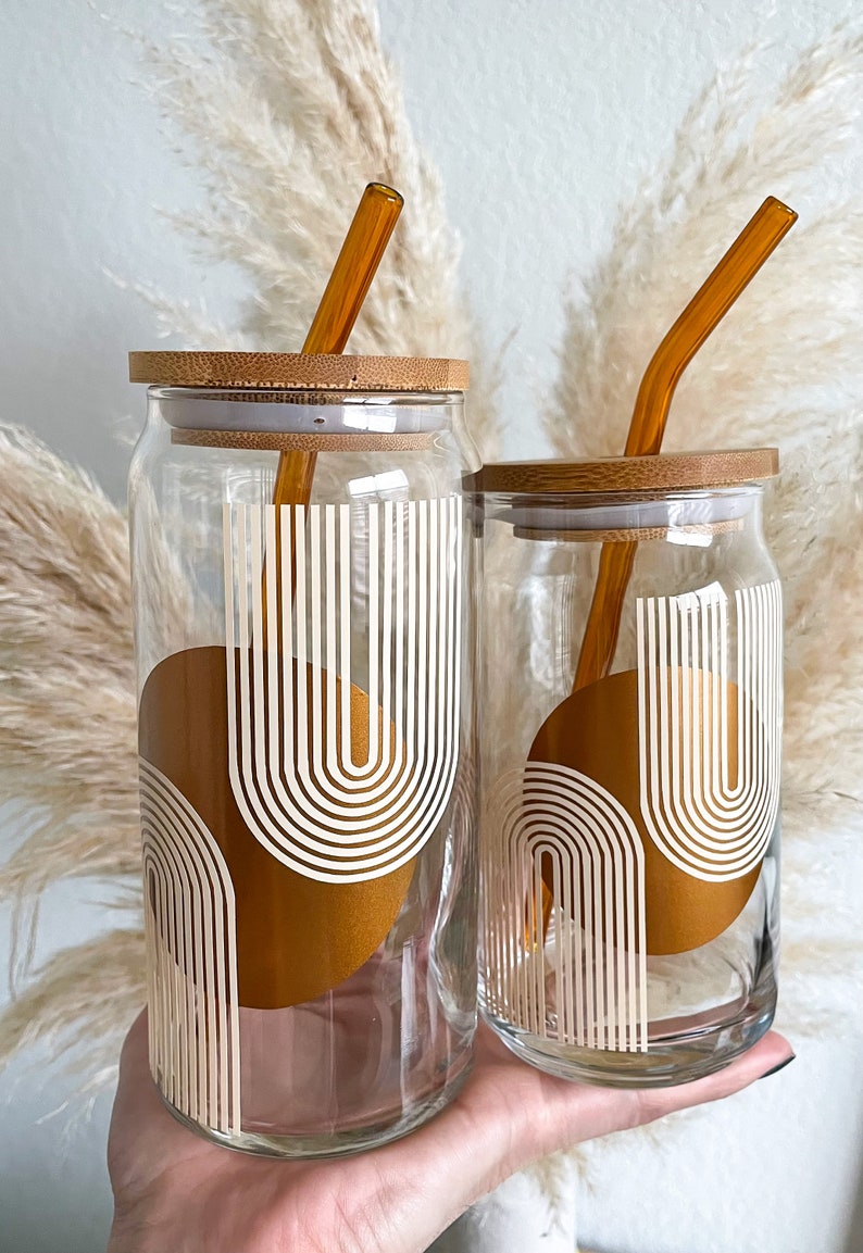 20 Oz Can Glass, Boho Rainbow Iced Coffee Cup, Boho Theme Can Glass With Lid and Straw - Etsy