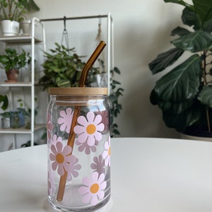 Daisy Glass Cup, Retro Daisy Glass, Coffee Glass With Lid and Straw ...