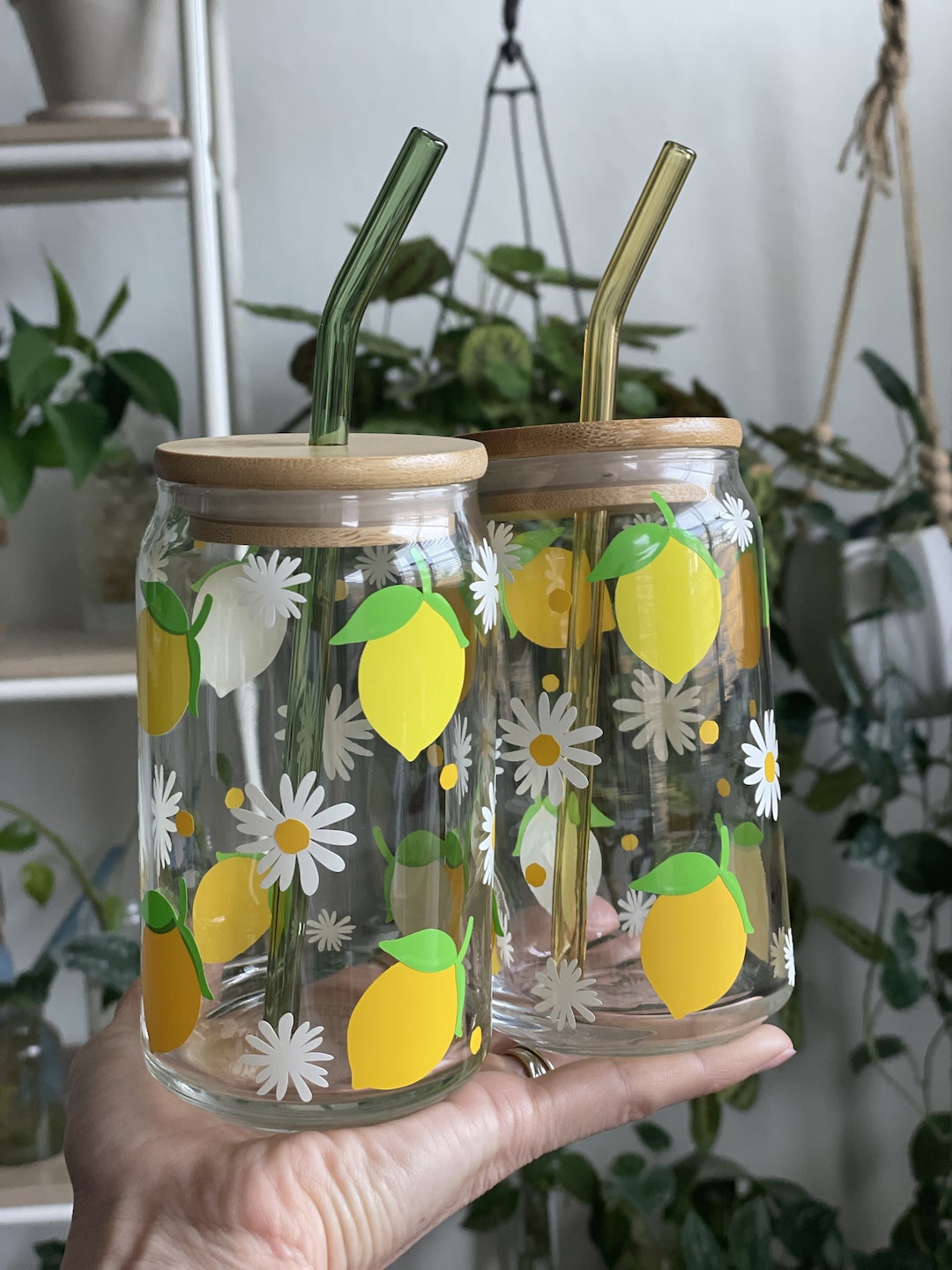 Lemon Can Glass, Iced Coffee Glass Cup, Lemon and Daisy Glass, Lemon ...