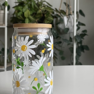 16oz White Daisy Cup, White and Green Floral Glass, Spring Summer Glass ...