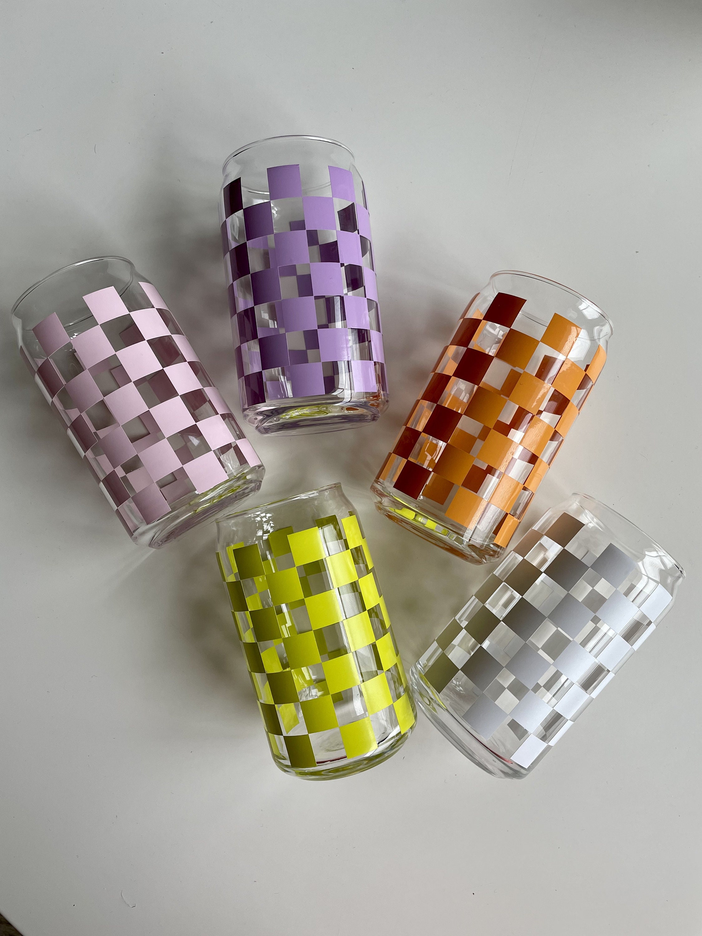 Checker Coffee Glass Cup, Custom Color Check Mate Cup, Retro Can Glass ...