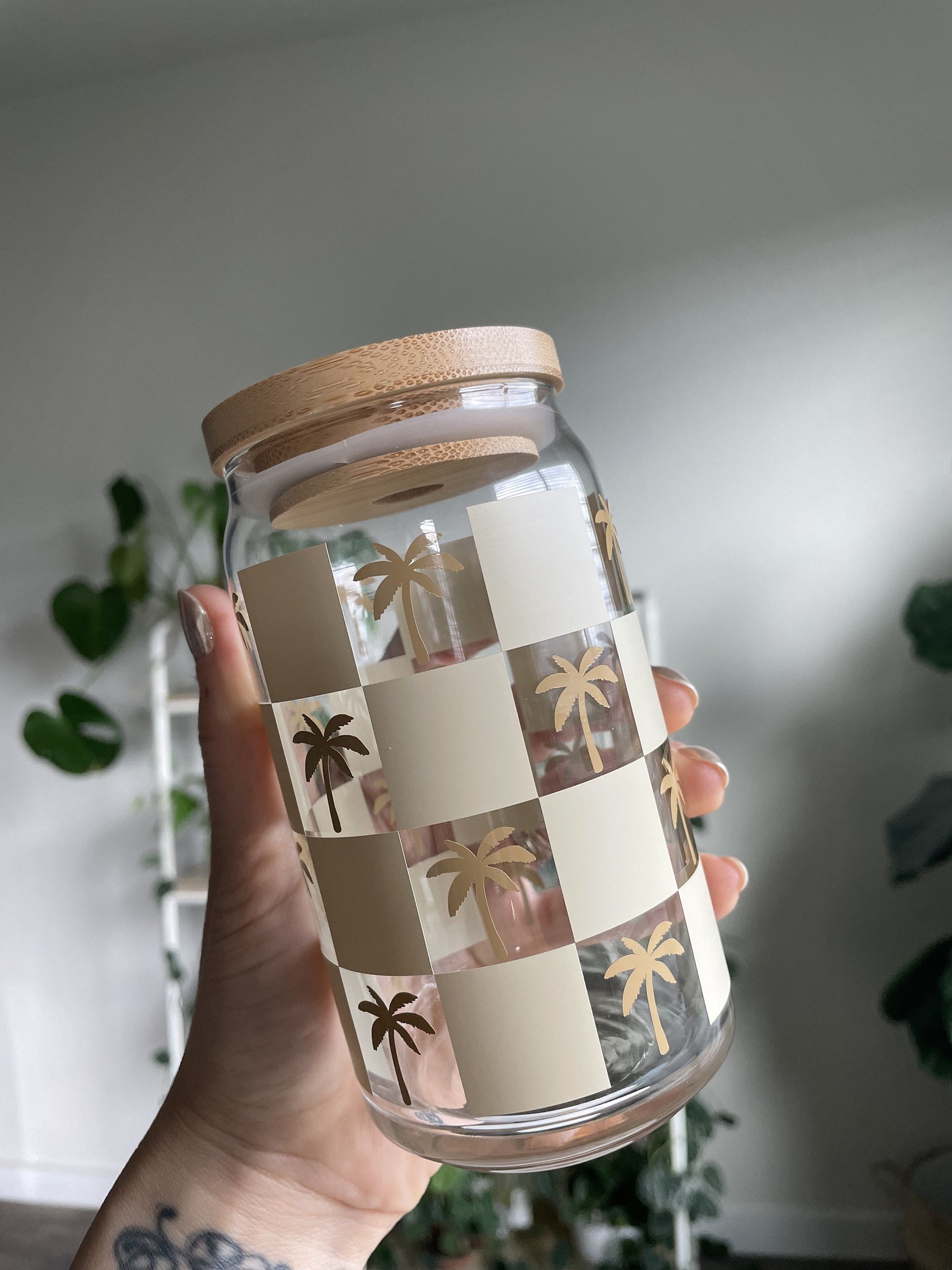 Palm Tree Checker Glass Cup, Summer Coffee Glass, Palm Tree Glass ...