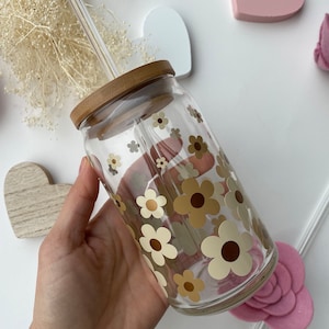 Spring Floral Glass Cup, Pink Retro Flower Iced Coffee Cup, Daisy Cup ...
