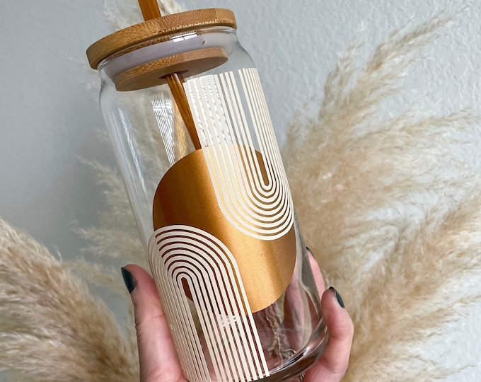 20 Oz Can Glass, Boho Rainbow Iced Coffee Cup, Boho Theme Can Glass With Lid and Straw - Etsy