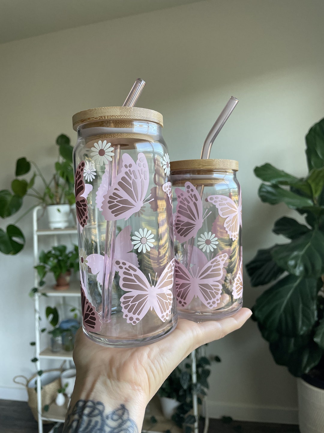 Butterfly Can Glass, Pink Butterfly Cup, Iced Coffee Glass, Mothers Day ...