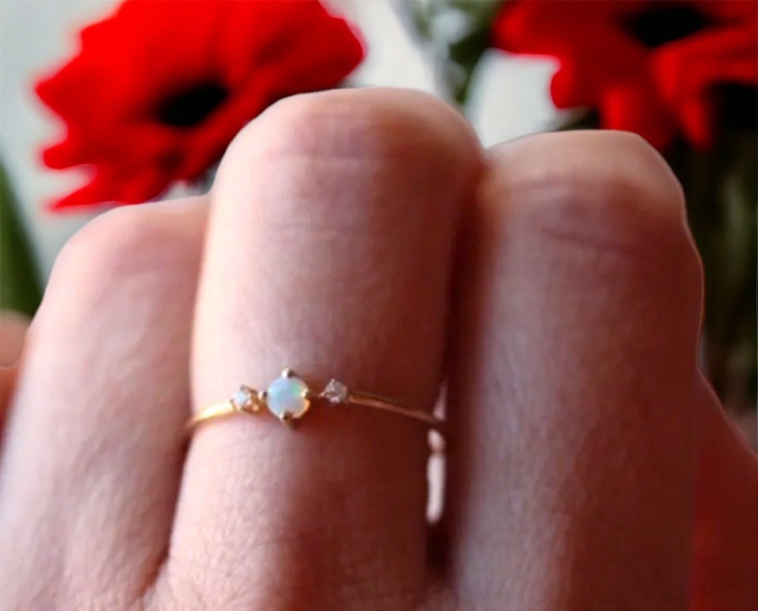 Tiny Opal Ring, Tiny Opal and Diamond CZ Ring, Rose Gold Opal Ring, Dainty Rings, Lab Created ...