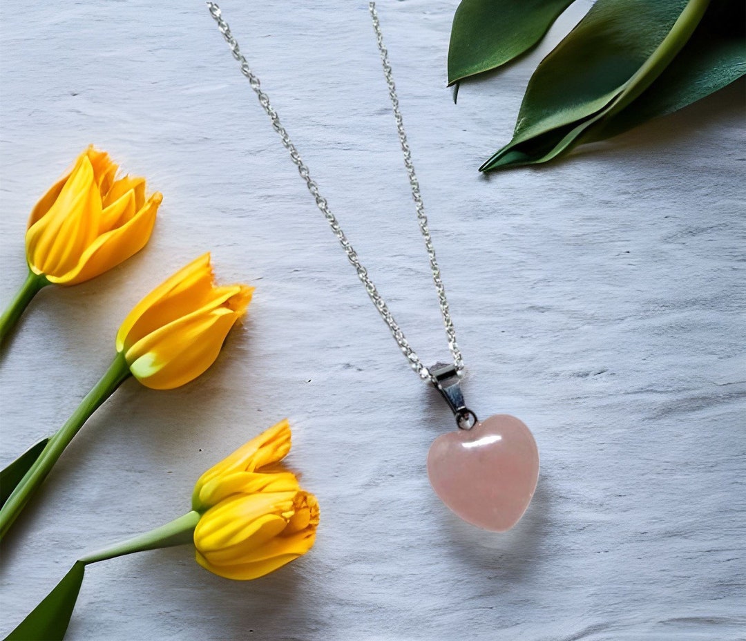 Heart Shaped Rose Quartz Necklace, Size 15mm Heart, Rose Quartz ...
