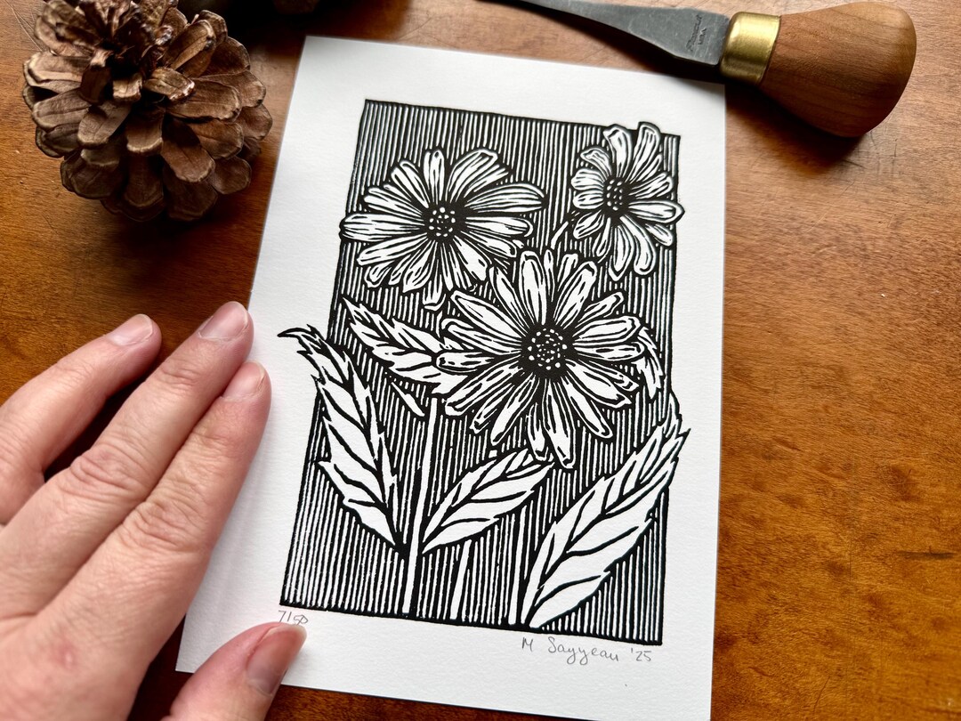 Daisy Linocut Print: Hand-carved Flower Art, Limited Edition Spring ...