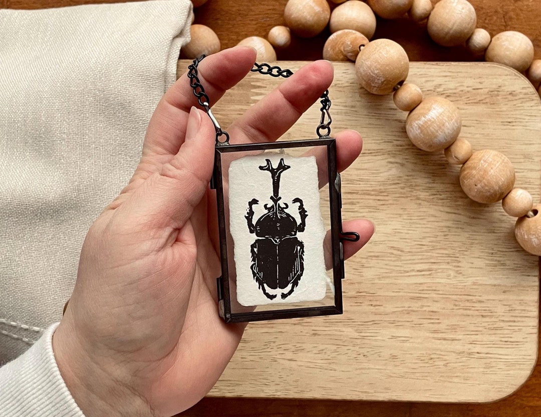 Japanese Rhinoceros Beetle Original Linocut Print - Mini Art Print, Mini Linocut Print ...