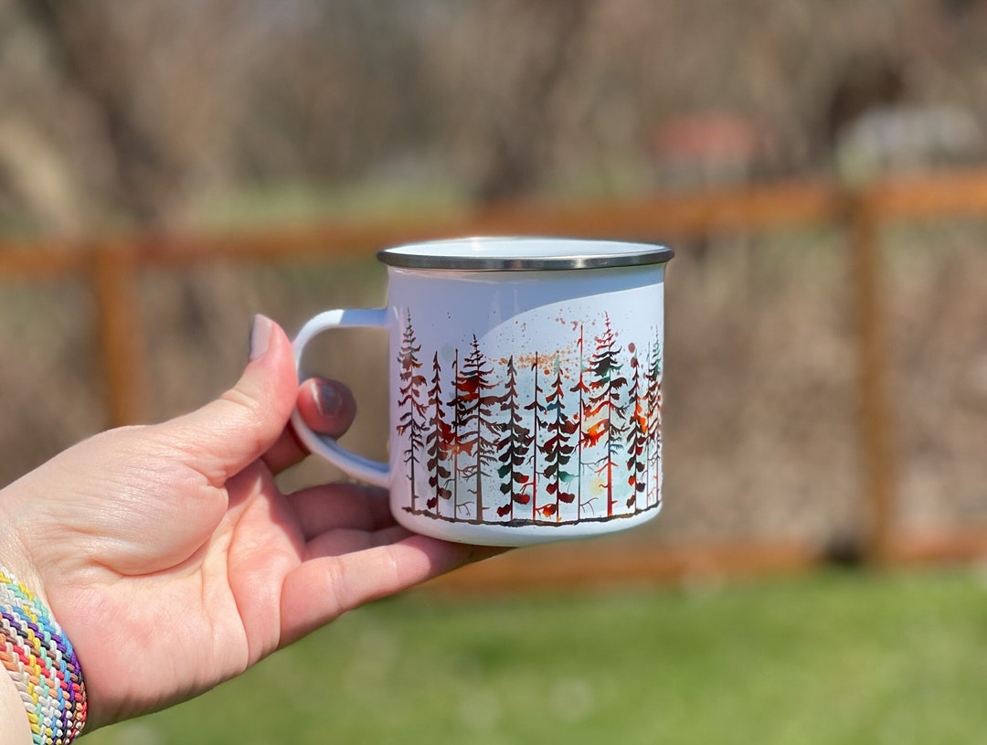 Watercolor Pine Tree Mug, Enamel Coffee Cup, Tin Year Anniversary ...