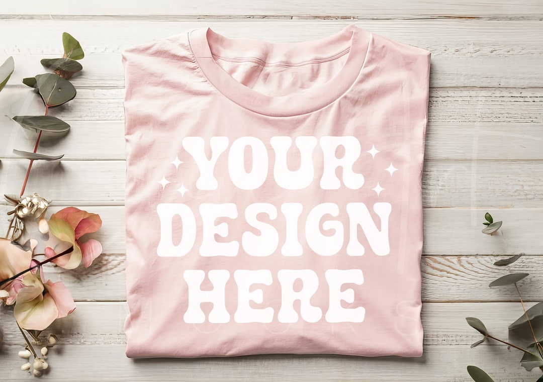 Light Pink Flat Lay Mockup, BC 3001 Pink T-shirt Mockup, Top View Mock ...