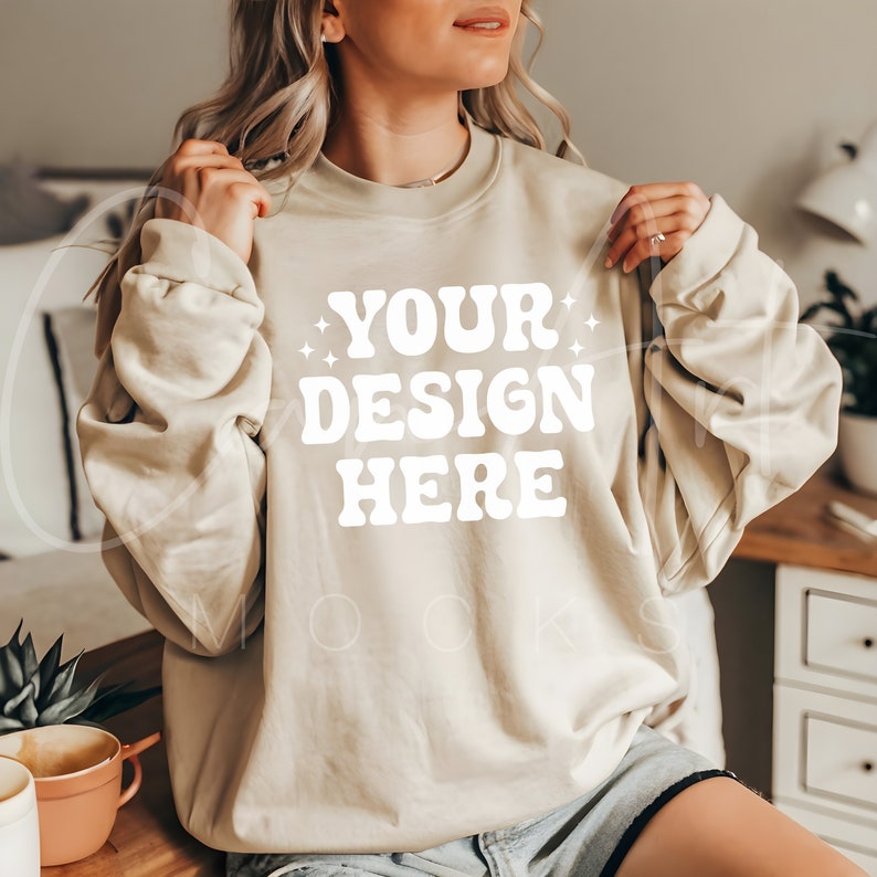 Gildan 18000 Sand Mockup, Woman Model Mockup, Gildan Sand Sweatshirt ...