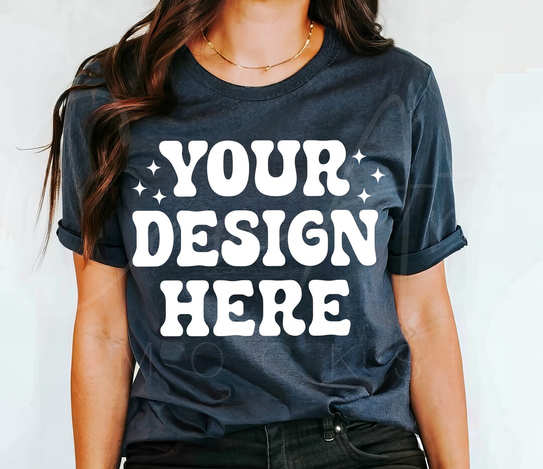 Heather Navy Blue T-shirt Mockup, BC 3001 Blue Women Shirt Model Mockup ...