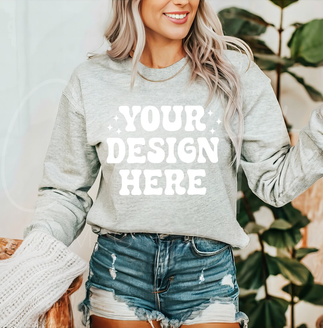 Gildan 18000 Ash Mockup, Grey Sweatshirt, Crewneck Woman Model Mockup ...