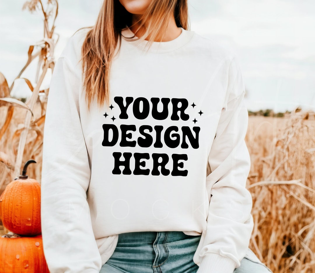 White Crewneck Mockup, Fall Mockup, Pumpkin Patch Mockup, Gildan 18000 ...