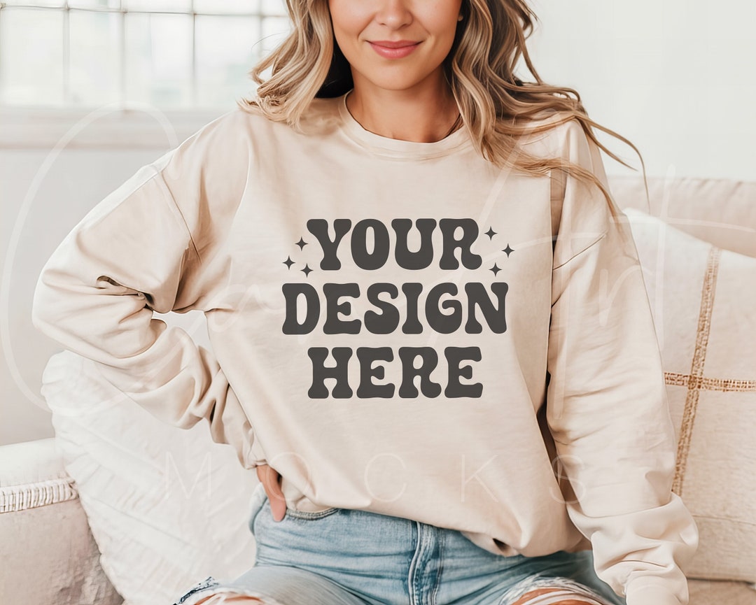 Sand Crewneck Mockup, Gildan 18000 Sand Mockup, Boho Woman Model Mockup ...