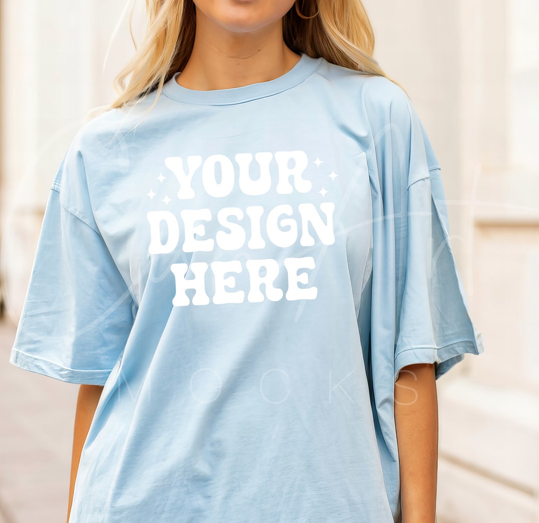 Oversized Blue T-shirt Mockup, Gildan 5000 Blue Tee Mockup, Woman Model ...