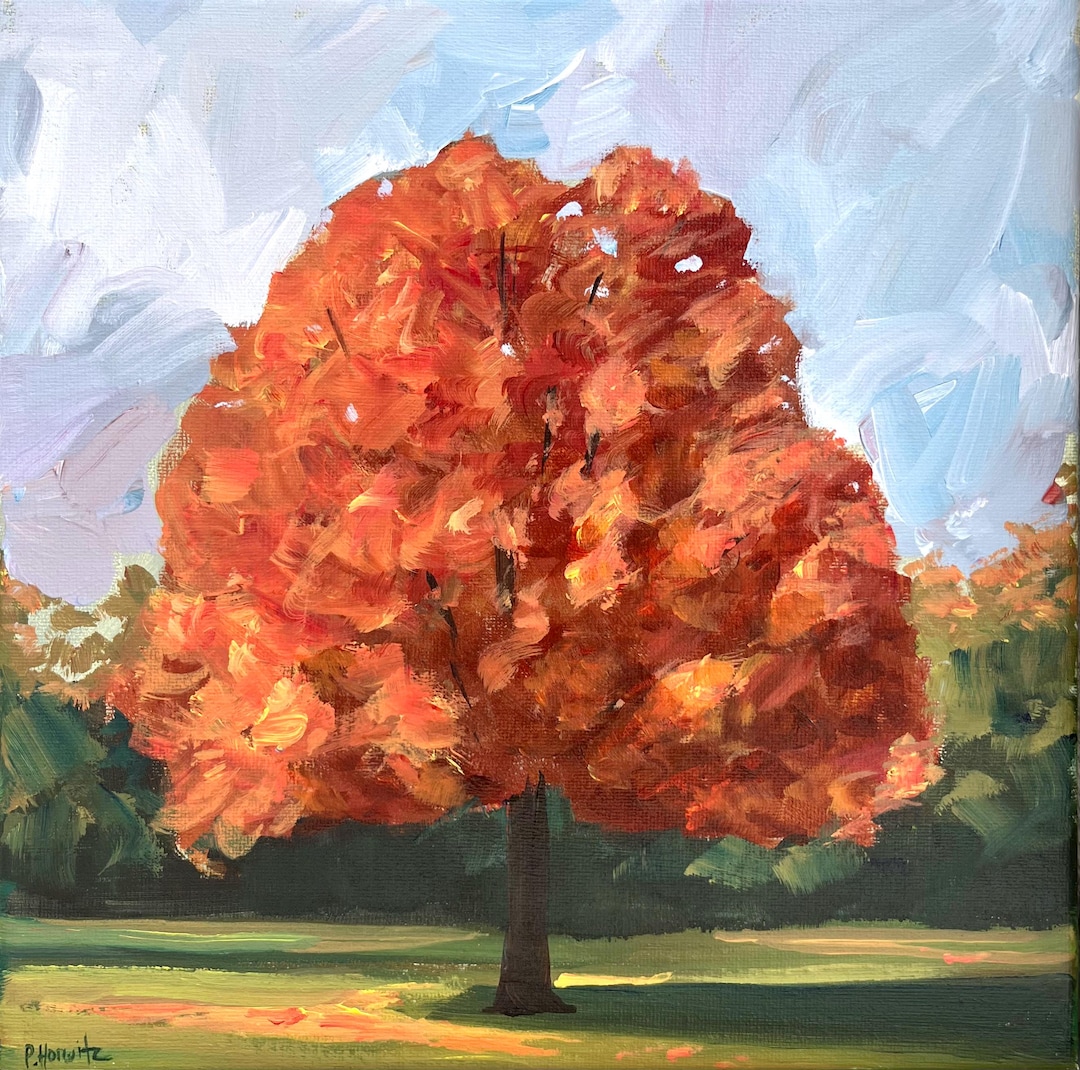 Maple Tree Painting: Original Landscape Art, 10x10 Inch Framed, Autumn ...