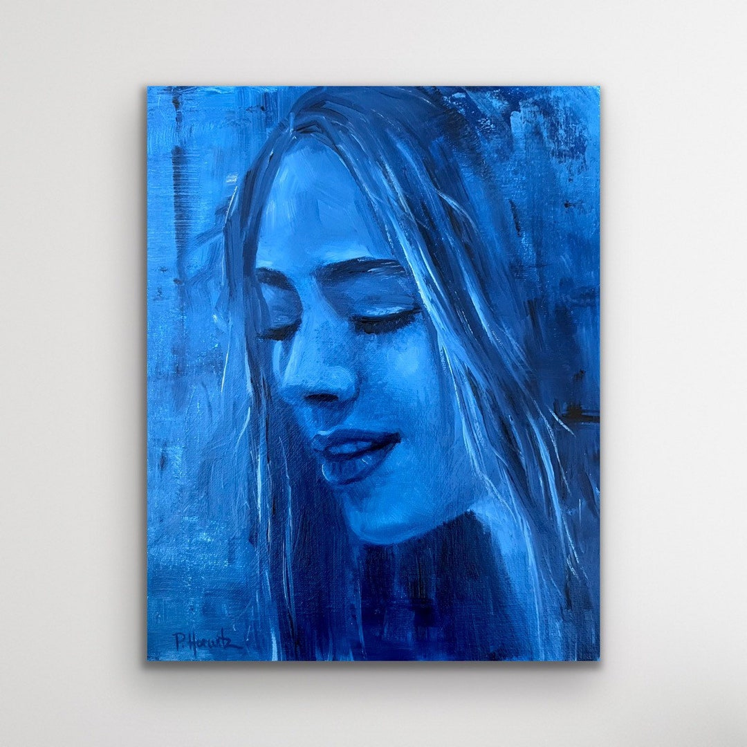 Female Portrait Monochromatic Blue Painting L Blue Art L Moody Portrait ...
