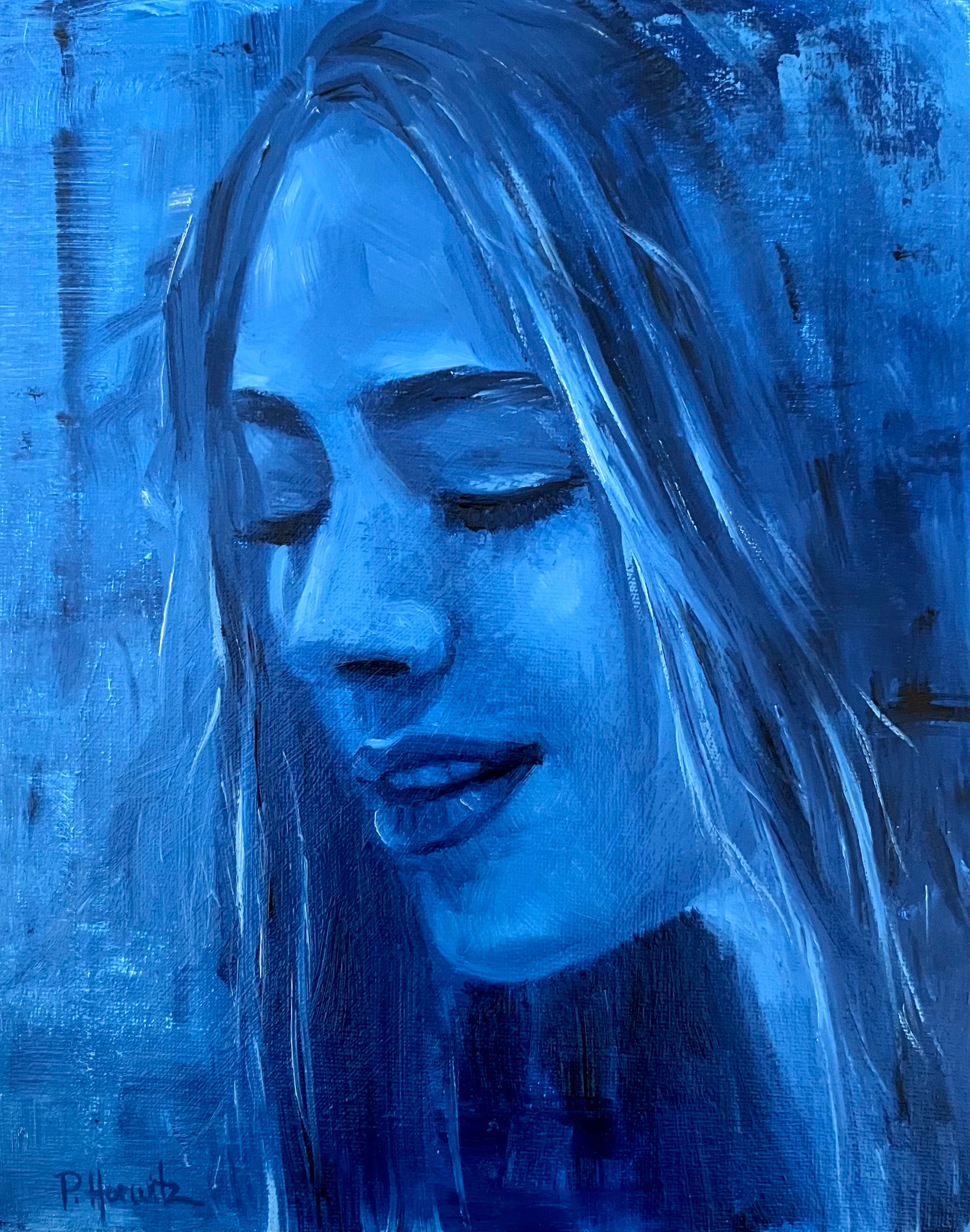 Female Portrait Monochromatic Blue Painting L Blue Art L Moody Portrait ...