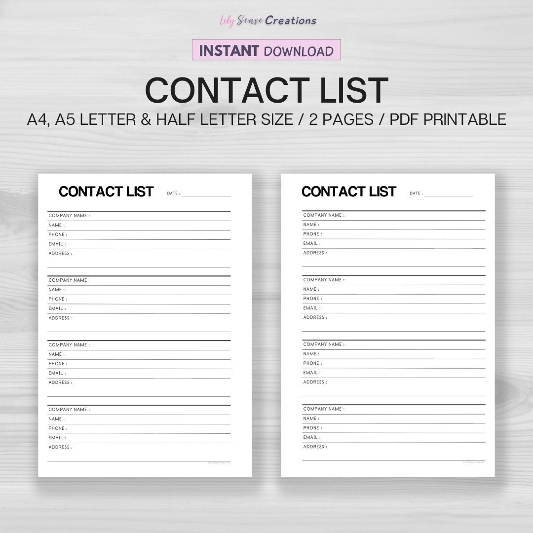 Printable Contact List, Address Book, Contact Organizer, Instant ...
