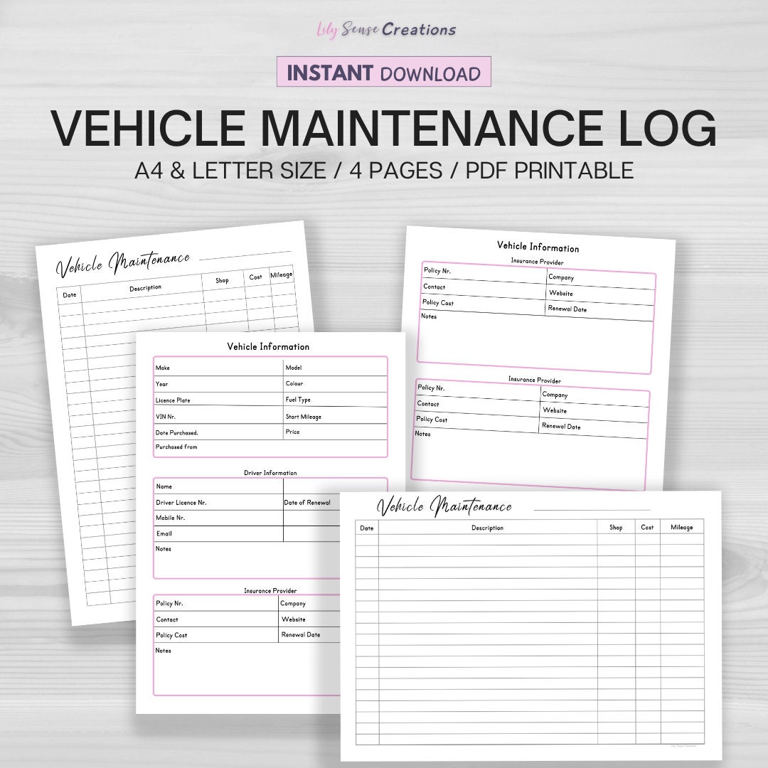 Vehicle Maintenance Log, Vehicle Maintenance Planner, Car Service ...