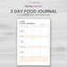 3 Day Food Journal Printable, Food Tracker, Food Log, Daily Food Diary ...