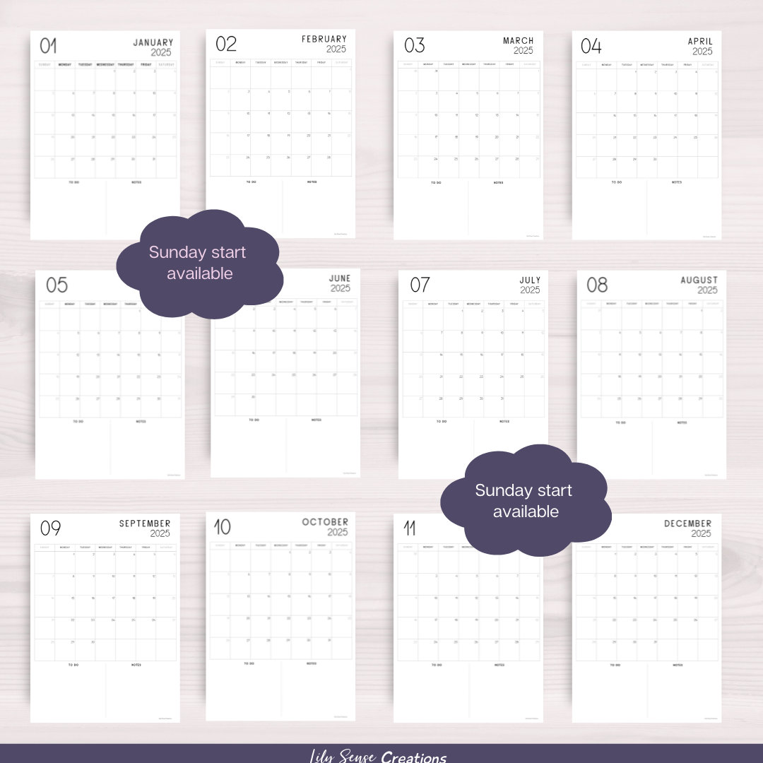 Minimalist Portrait Monthly 2025 Calendar, Printable 2025 Calendar ...
