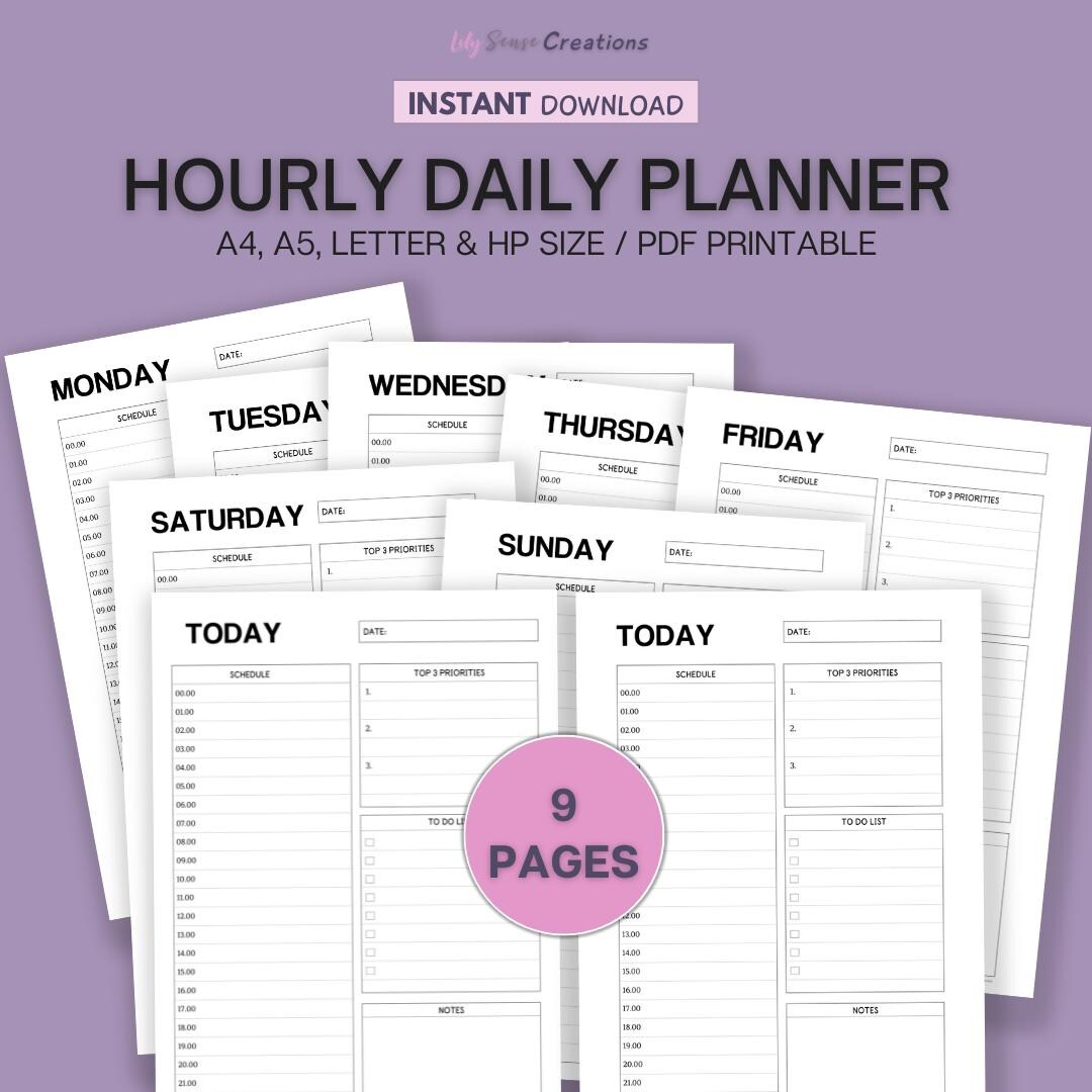 Hourly Daily Planner Printable, Hourly Daily Schedule, Productivity ...