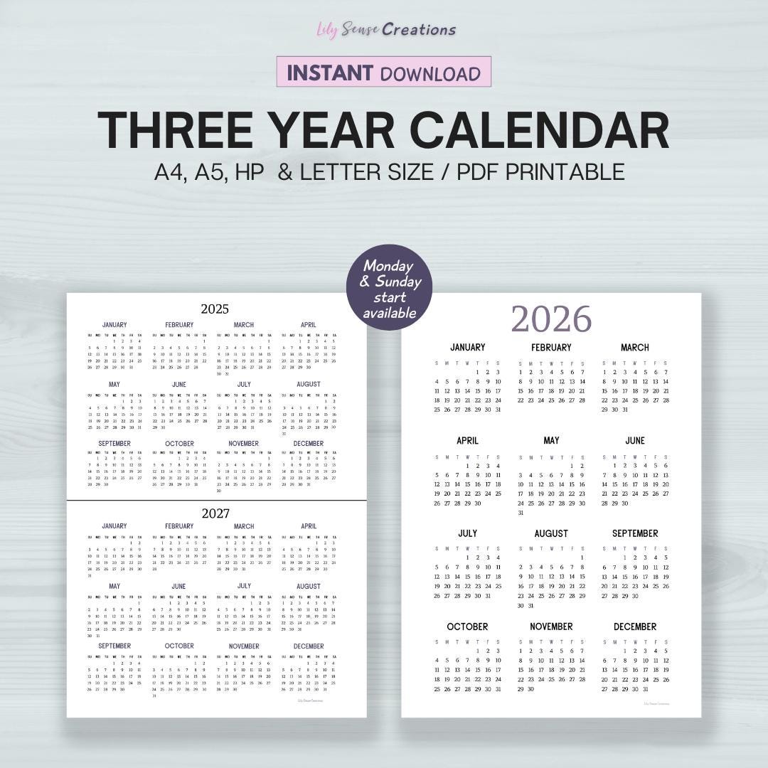 Three Year Calendar, Printable 3 Year Calendar, 2026 Calendar on One ...