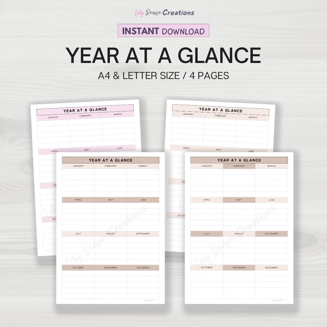 Year at A Glance Planner Printable, 12 Month Overview, Two Page Yearly ...