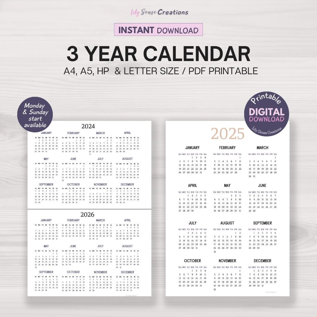 Three Year Calendar, Printable 3 Year Calendar, 2025 Calendar on One ...