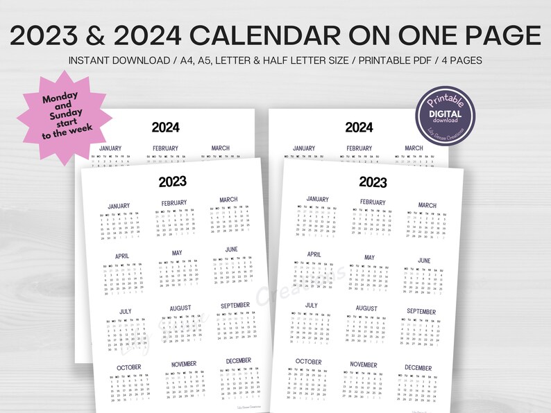 2023-2024 Printable Calendars 2024 Year Calendar on One Page - Etsy Ireland